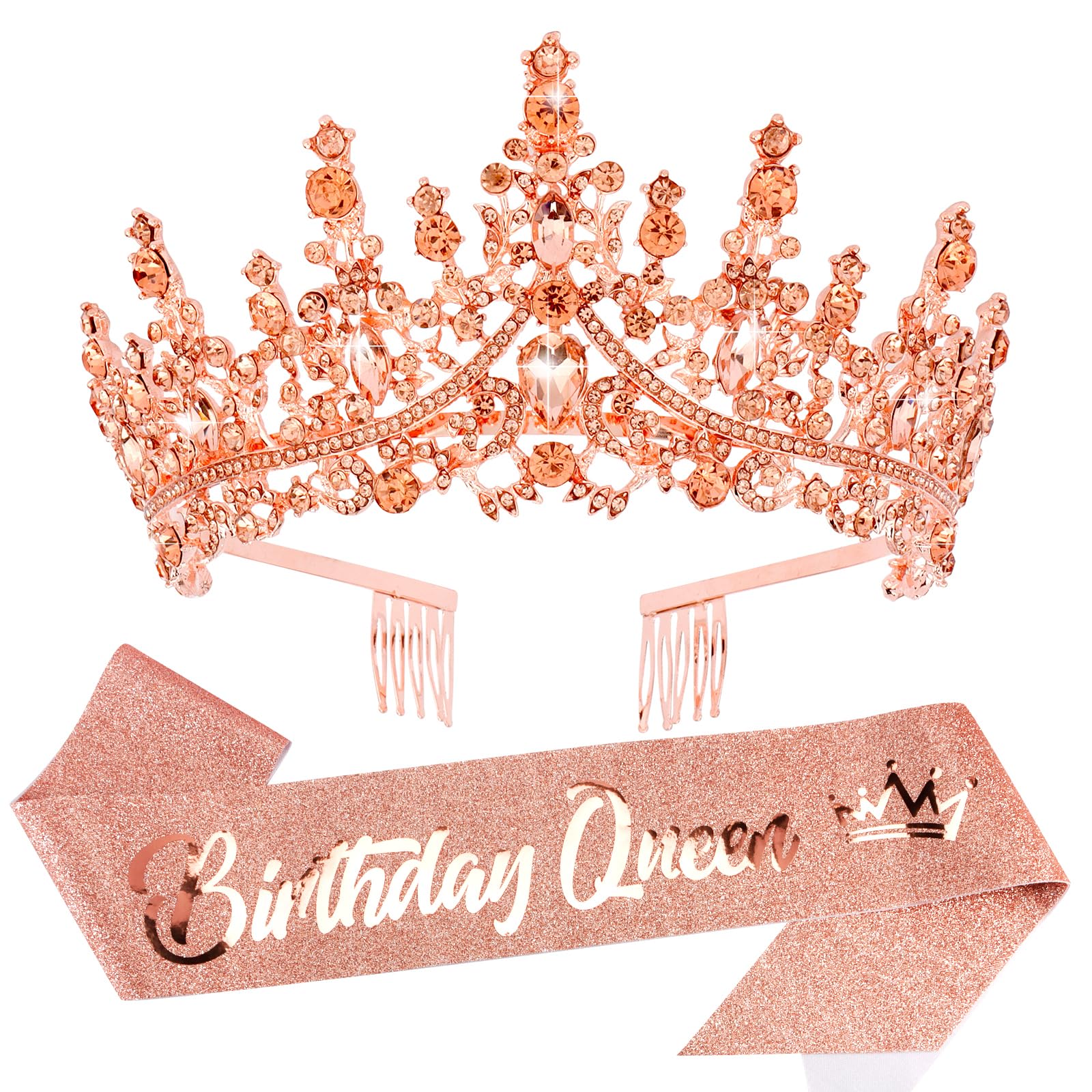 Velscrun Rose Gold Crystal Birthday Queen Tiara Crown for Women Girls Birthday Queen Headband Sash Elegant Princess Crown with Combs Hair Accessories Happy Birthday Party Decorations Mom Birthday Gift