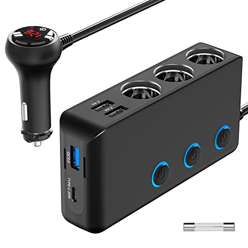 Car Charger Splitter 200W, Qidoe 3 Socket Cigarette Lighter Adapter with PD20W USB-C & QC3.0 Multi USB Car Charger 12V/24V DC Outlet Cigarette Splitter Power Switches Voltmeter for GPS Dash Cam Phone