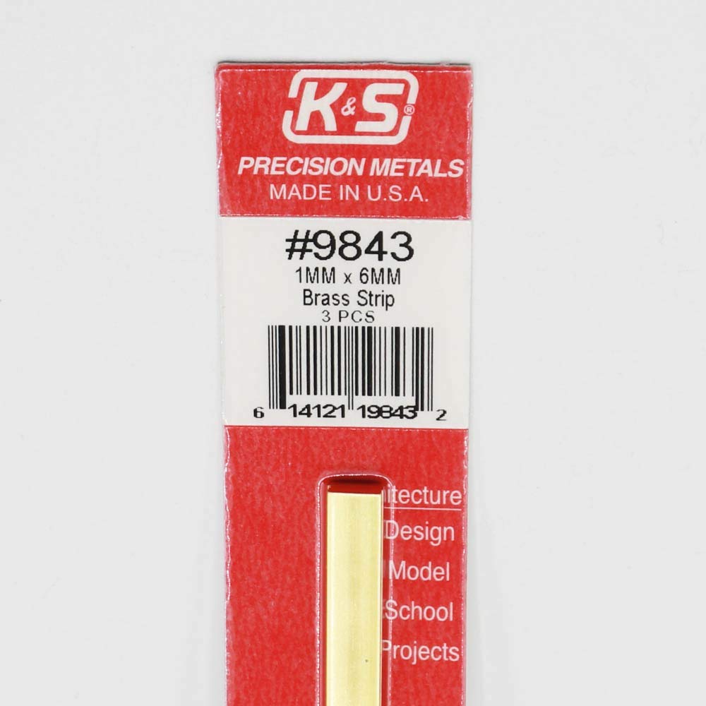K&S 9843 Brass Strip, 1.0mm Thick x 6mm Wide x 300mm Long, 3 Pieces, Made in The USA