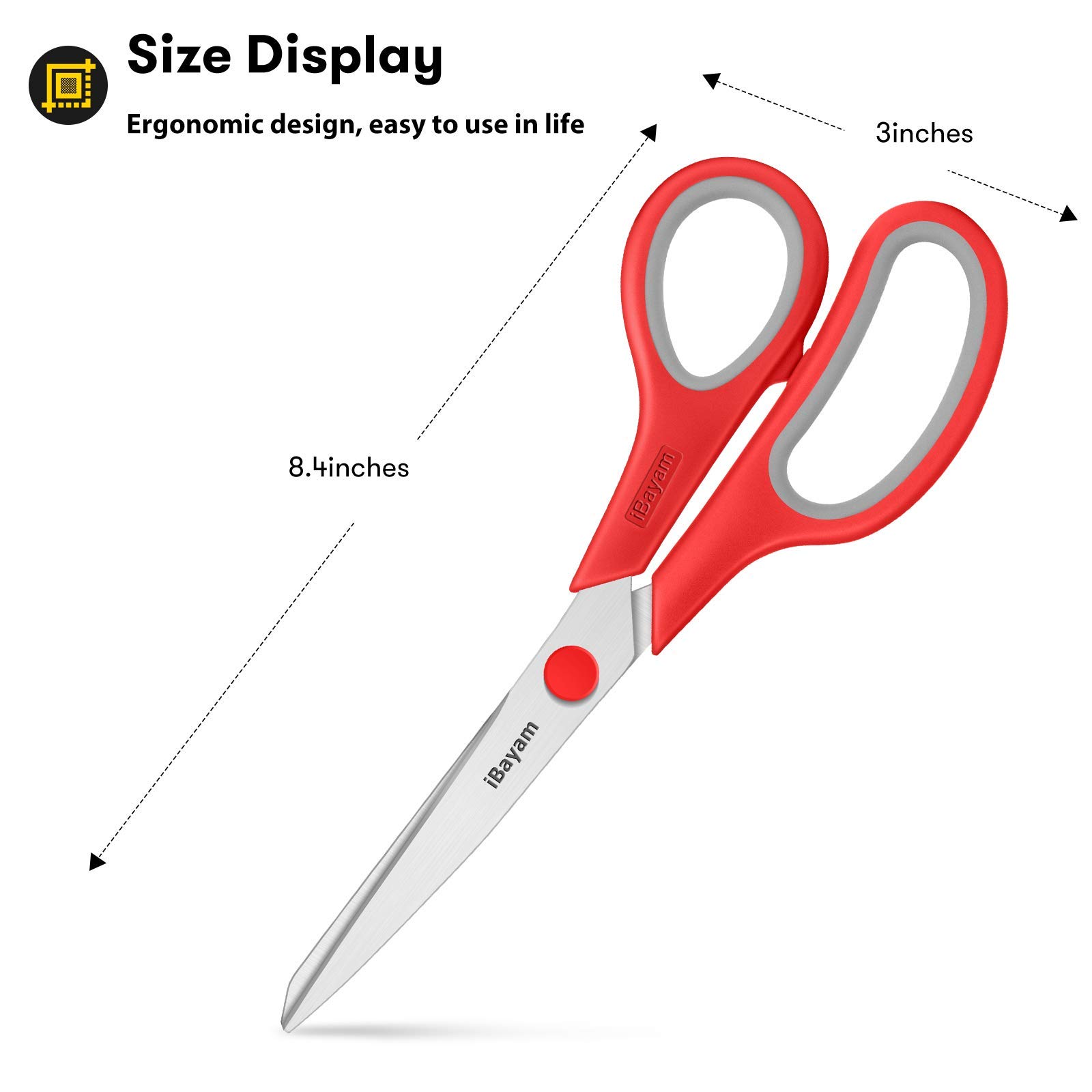 Scissors, iBayam 8" Multipurpose Scissors Bulk 3-Pack, Ultra Sharp Blade Shears, Comfort-Grip Handles, Sturdy Sharp Scissors for Office Home School Sewing Fabric Craft Supplies, Right/Left Hand