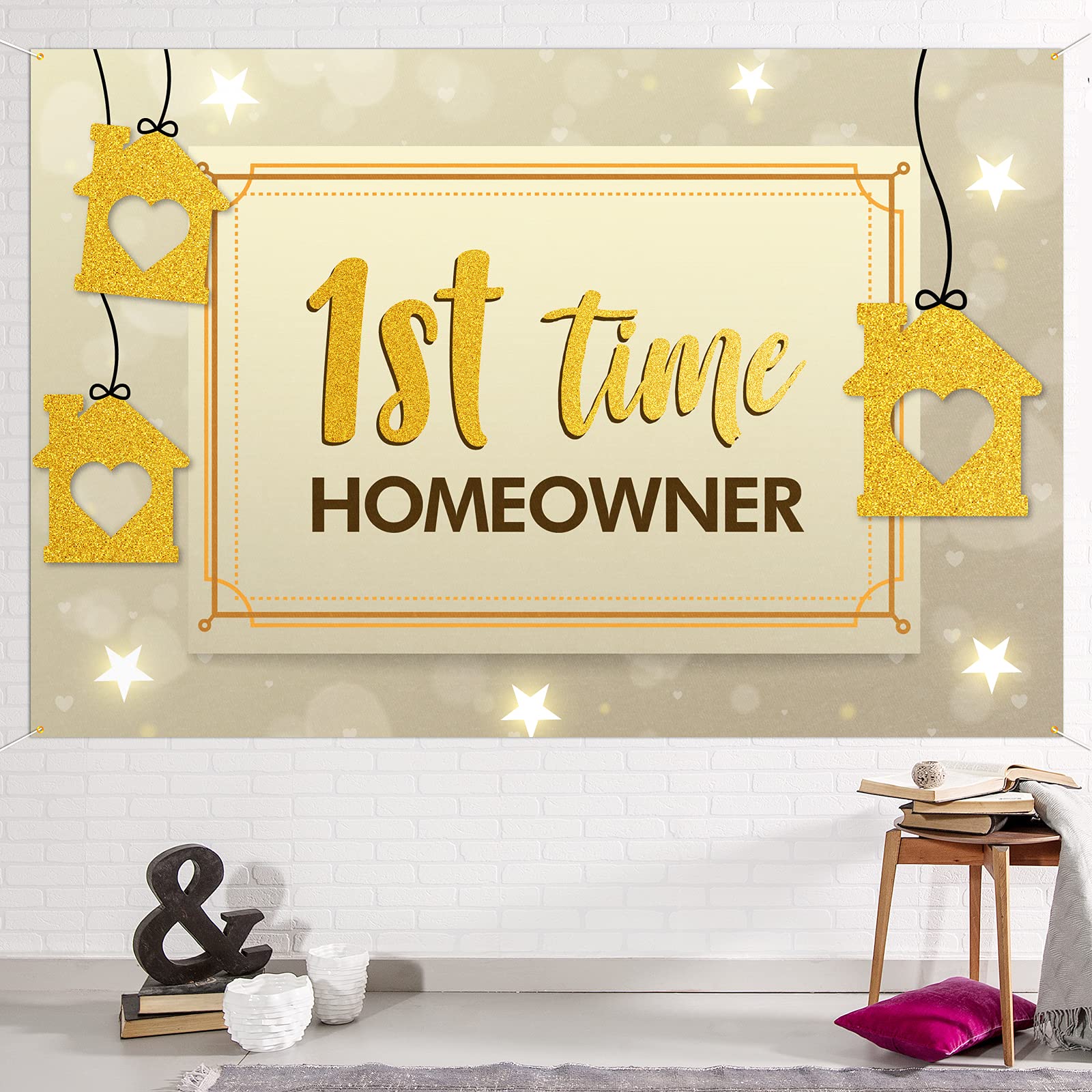 1st Time Homeowner Backdrop Banner Decor Gold Glitter – Housewarming Party Theme Decorations for Men Women Baby Shower Supplies