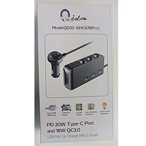 Car Charger Splitter 200W, Qidoe 3 Socket Cigarette Lighter Adapter with PD20W USB-C & QC3.0 Multi USB Car Charger 12V/24V DC Outlet Cigarette Splitter Power Switches Voltmeter for GPS Dash Cam Phone