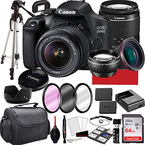 Canon EOS 2000D (Rebel T7) DSLR Camera with 18-55mm f/3.5-5.6 Zoom Lens, 64GB Memory,Case, Tripod and More (28pc Bundle) (Renewed)