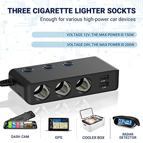Car Charger Splitter 200W, Qidoe 3 Socket Cigarette Lighter Adapter with PD20W USB-C & QC3.0 Multi USB Car Charger 12V/24V DC Outlet Cigarette Splitter Power Switches Voltmeter for GPS Dash Cam Phone
