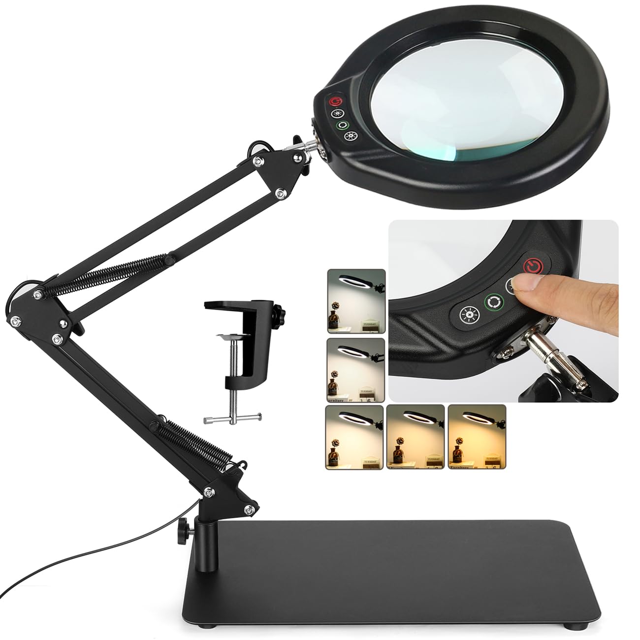 10X Veemagni 2-in-1 Magnifying Glass with Light and Stand, 3 Color Modes Stepless Dimmable, Real Glass Desk Lamp & Clamp, LED Lighted Magnifier with Light for Reading Crafts Repair Close Works