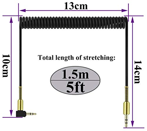 AAOTOKK 3.5mm Coiled Cable 90 Degree Right Angle 3-Pole 3.5mm Male to 3.5mm Male Right Angle TRS Jack Stereo Audio Spring Aux Cable for All 3.5mm-Enabled Smartphones,Tablet and MP3 Players(1.5m)