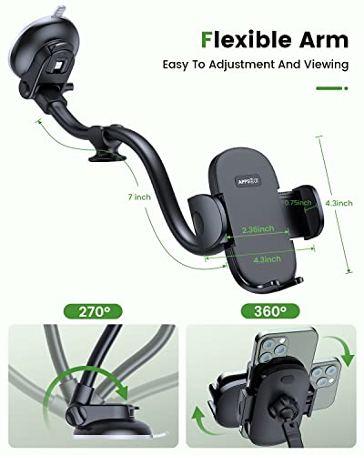 APPS2Car Suction Cup Phone Holder for Car 7" Windshield Dashboard Windows Car Phone Mount Gooseneck Truck Cradle with Strong Suction Compatible with iPhone 13/13 Pro Max, Samsung and All 4-7" Devices