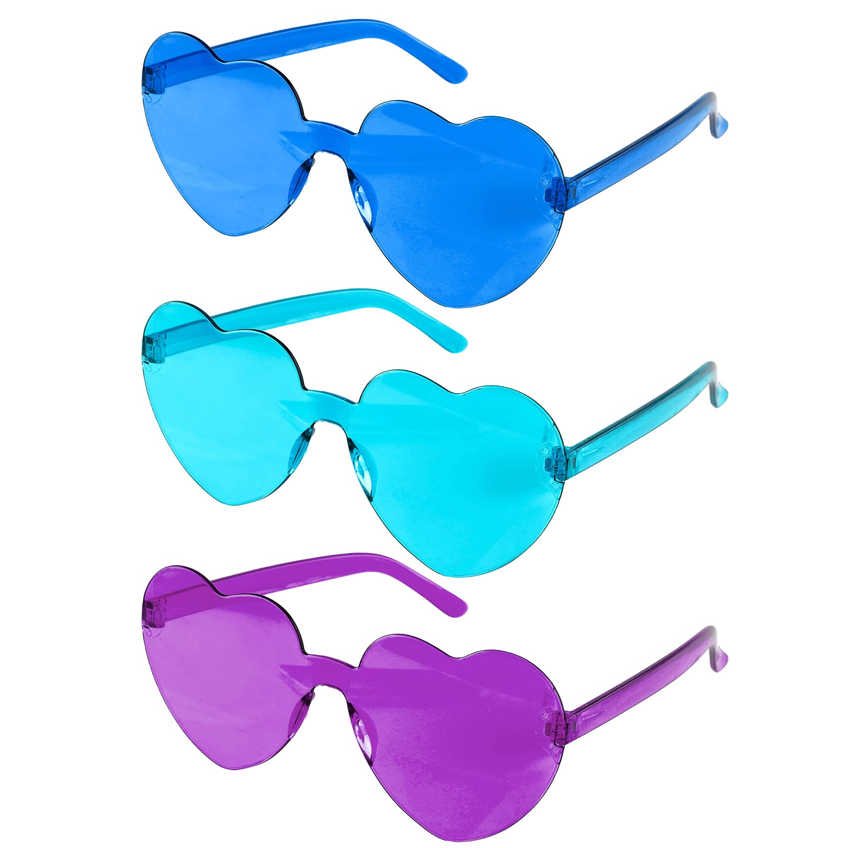 AFNWQI Heart Sunglasses, Heart Shaped Sunglasses, 3-Pack, Transparent Rimless Sunglasses, Colored Sunglasses, Heart Glasses, Heart Sunglasses for Women, Party Glasses (Blue+Purple+Teal)