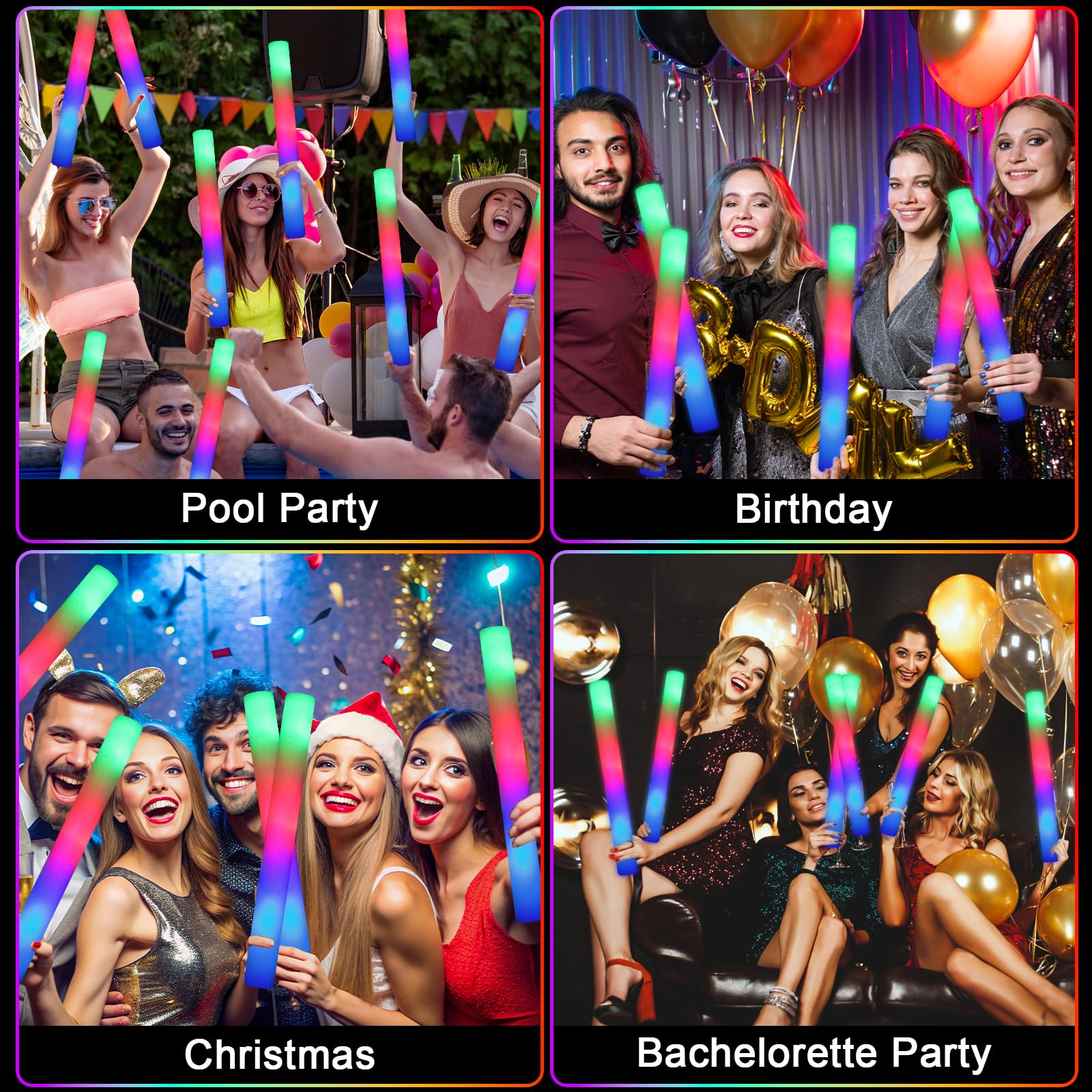 HONLYNE100 PCS Foam Glow Sticks, Bulk Glow Sticks with 3 Modes Colorful Flashing, LED Light Sticks, Glow in Dark Party Supplies for Wedding, Raves, Birthday, Christmas, New Year