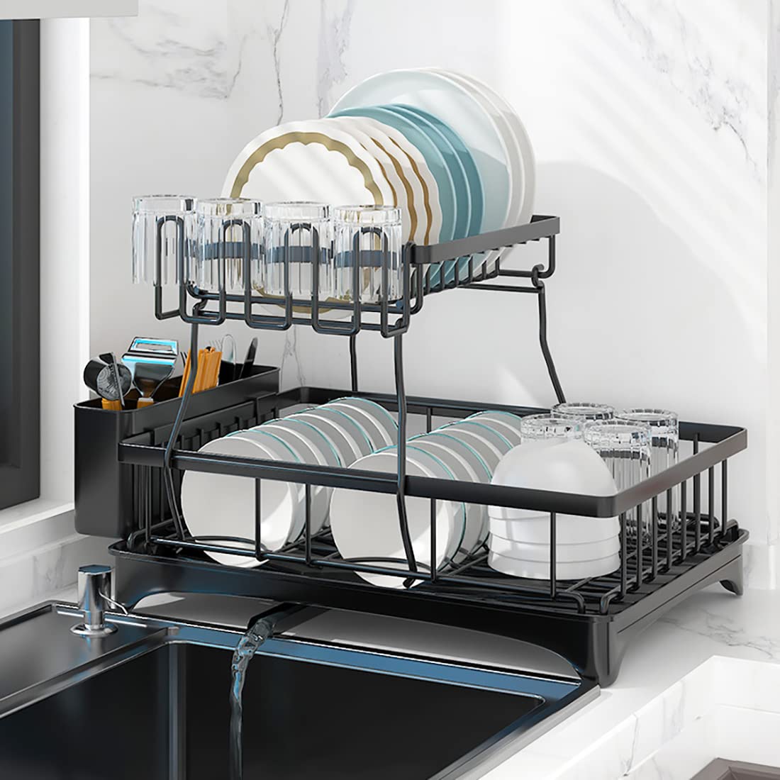 HHXRISE Dish Drying Rack, 2 Tier Large Dish Rack and Drainboard Set for Kitchen Counter, Dish Rack with Extra Drying Mat,Stainless Steel Dish Dryer with Detachable Cup Rack and Utensil Holder (Black)