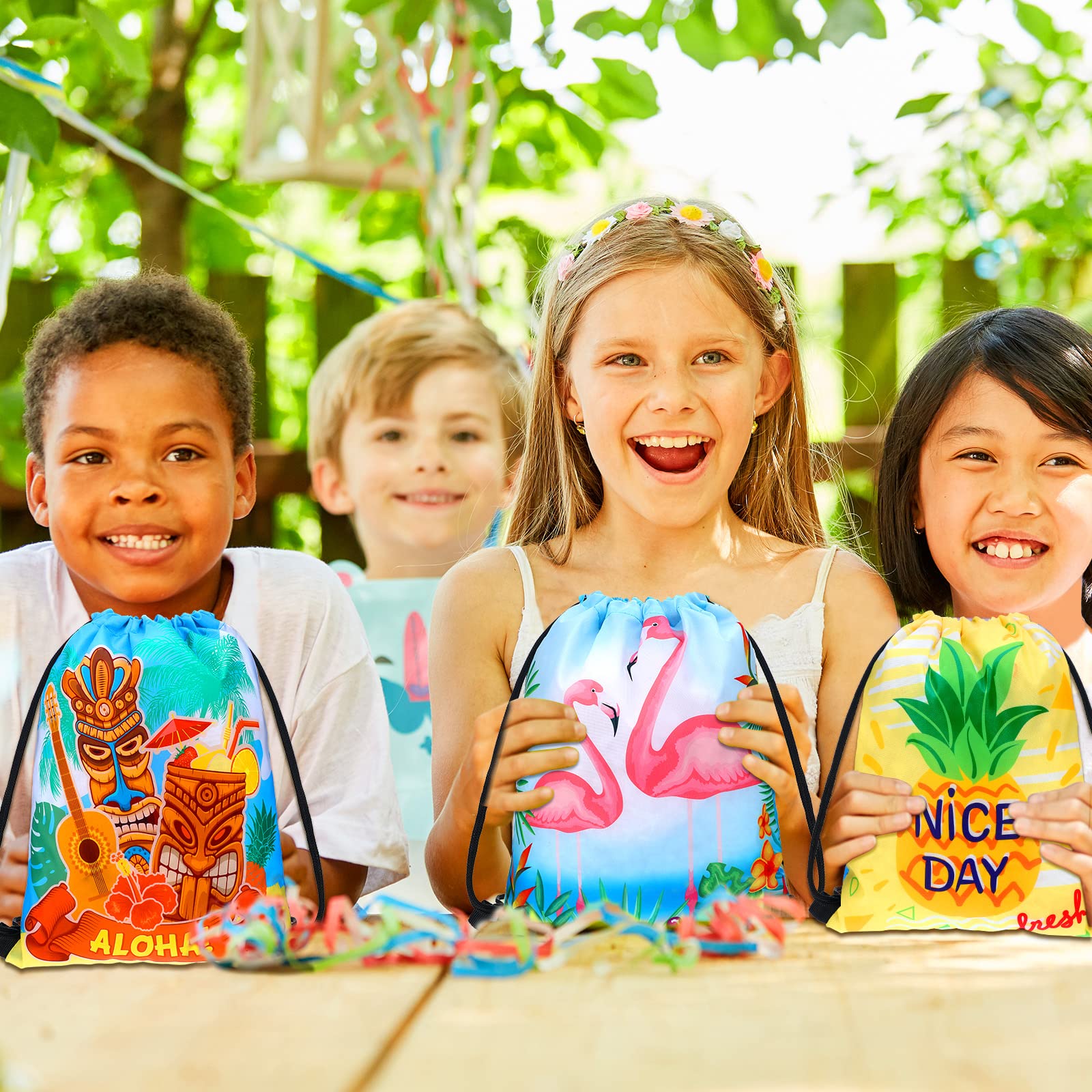 Woanger 16 Pack Hawaii Themed Party Drawstring Bags Aloha Party Drawstring Pouch Tiki Pineapple Hawaiian Party Gift Bags with Drawstring Aloha Gift Bag for Birthdays, Bridal Shower, Samples, Events