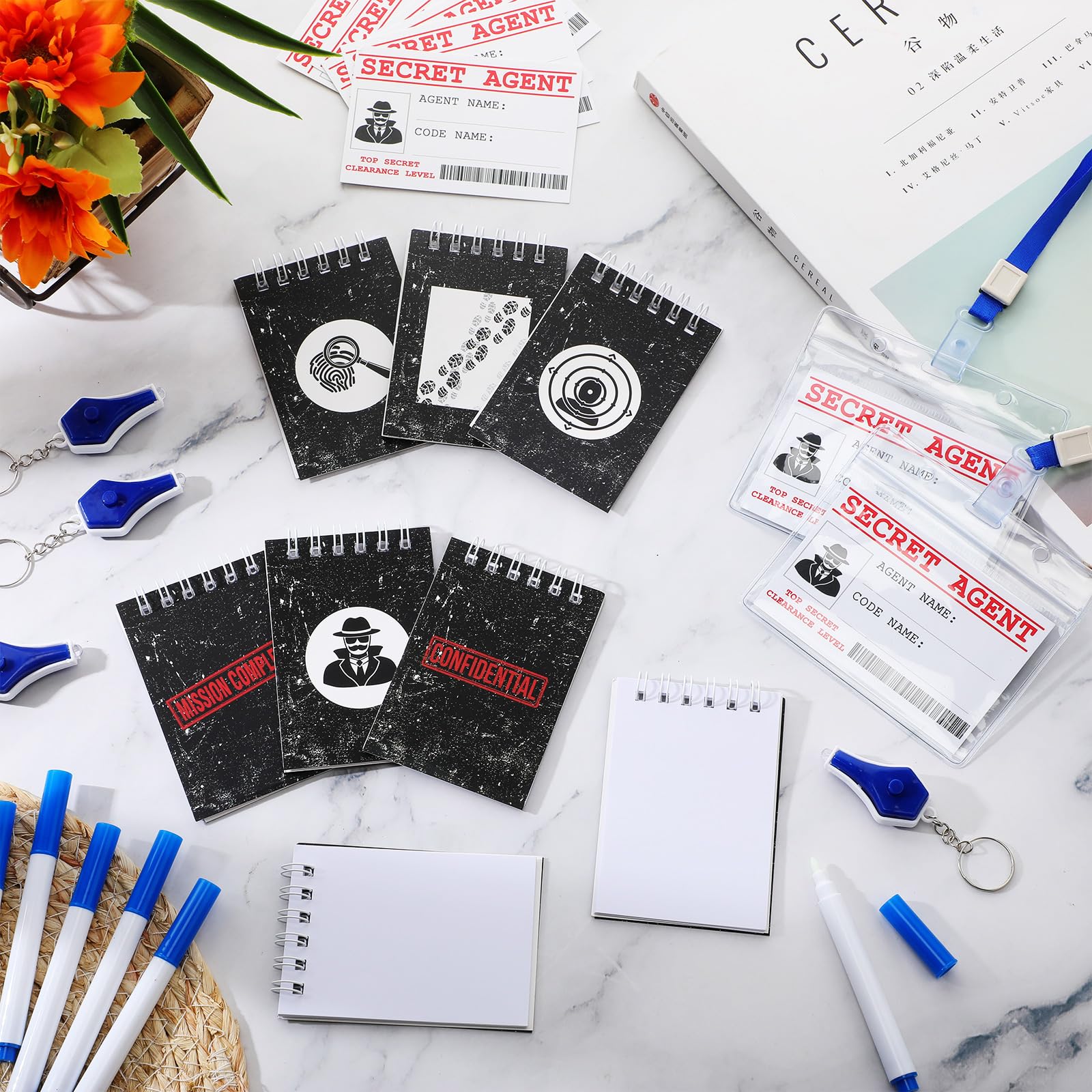 Qilery 72 Pcs Detective Spy Party Favors Include Mini Spiral Notebooks Flashlights With Keychain Invisible UV Light Pens ID Card Holders for Escape Room Birthday Party Supplies Decorations