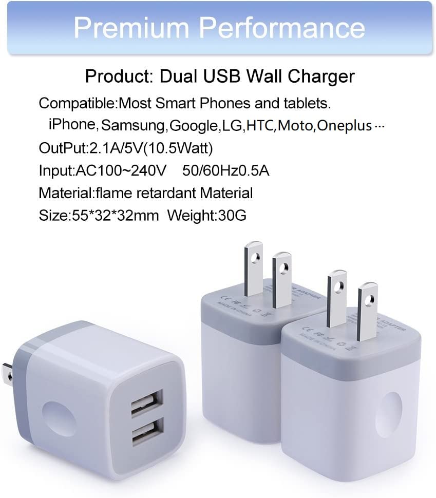 USB Wall Charger, Charging Adapter 3Pack 2.1A Dual Port USB Wall Charging Plug Block Head Box Travel Charger Cube Compatible iPhone 14 13 12 11 Pro Max XS XR X 8 7 Plus,iPad,iPod,Samsung,Android Phone