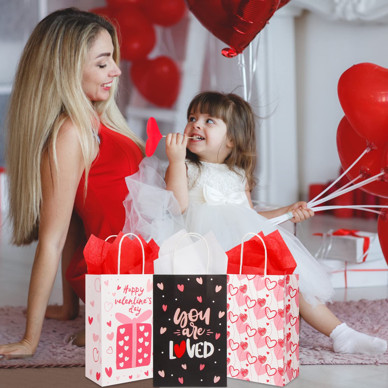 DERAYEE Valentines Day Gift Bags with Handle, 24 Pack Heart Bags with Tissue Paper Medium Valentines Kraft Paper Wrapping Bags for Valentines Party Favors