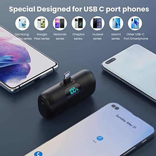 Mini Portable Charger 5000mAh Power Bank, 15w PD USB C Cell Phone Portable Power, LCD Display Battery Pack Compatible with Android Phone/Samsung Galaxy S22,S21/Note/Moto/LG/Pixel /Nexus/OnePlus 9 etc