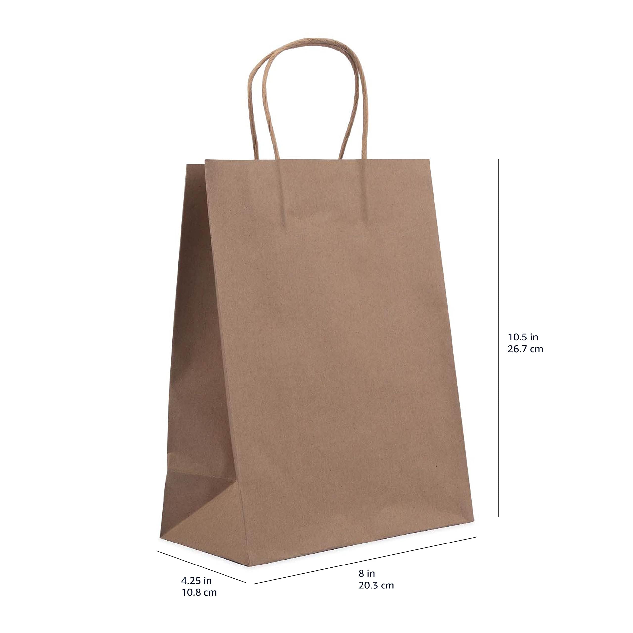 Amazon Basics Kraft Paper Gift Bags with Handles 8x4.25x10.5 Brown, 100 Pack