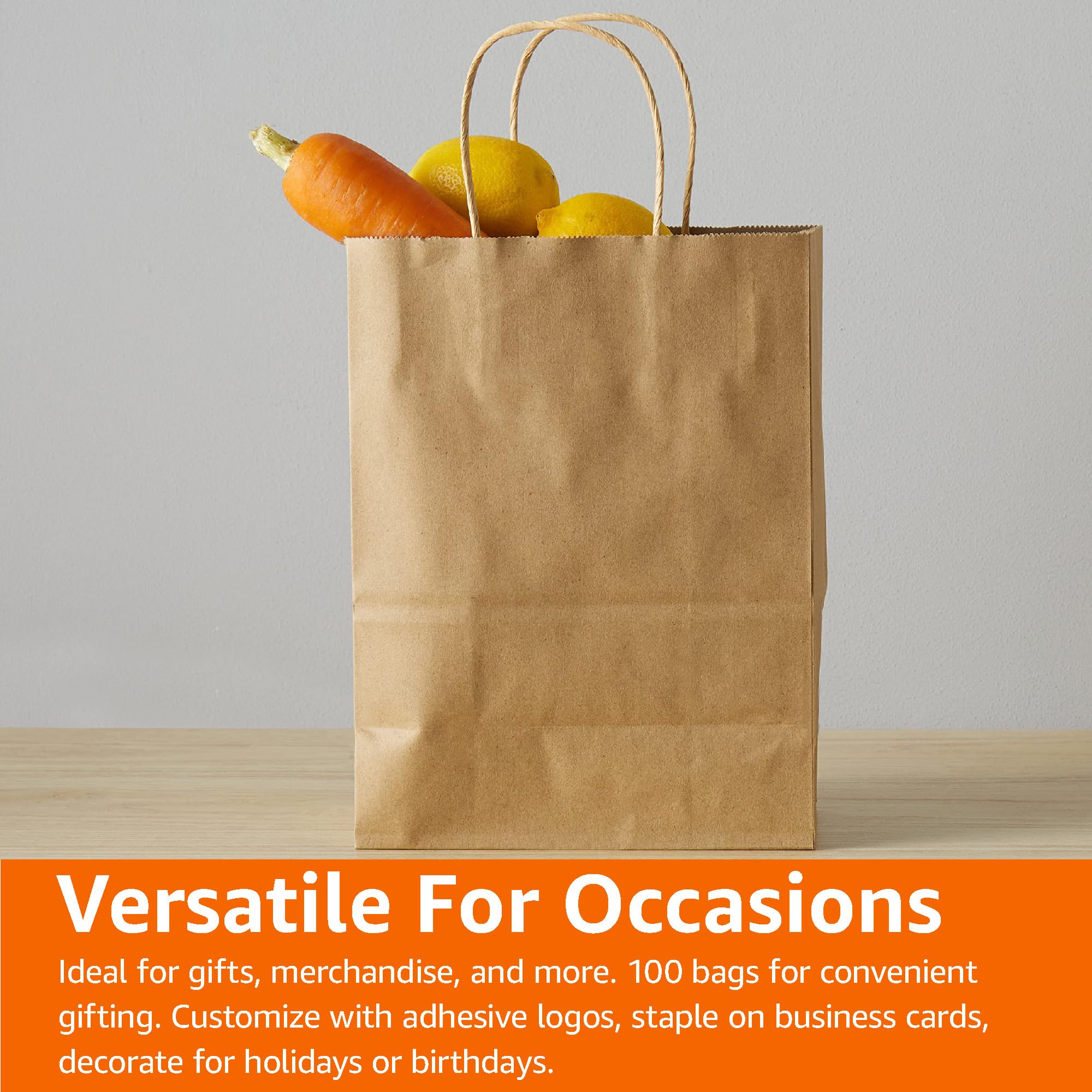 Amazon Basics Kraft Paper Gift Bags with Handles 8x4.25x10.5 Brown, 100 Pack