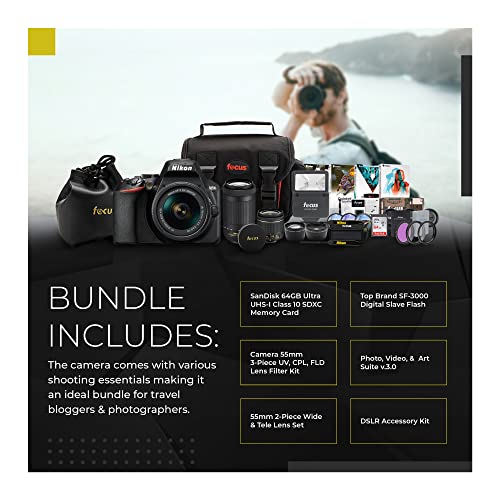 Nikon D3500 DSLR Camera with AF-P 18-55mm and 70-300mm Zoom Lenses Bundle with 64GB Card and Accessories (7 Items)