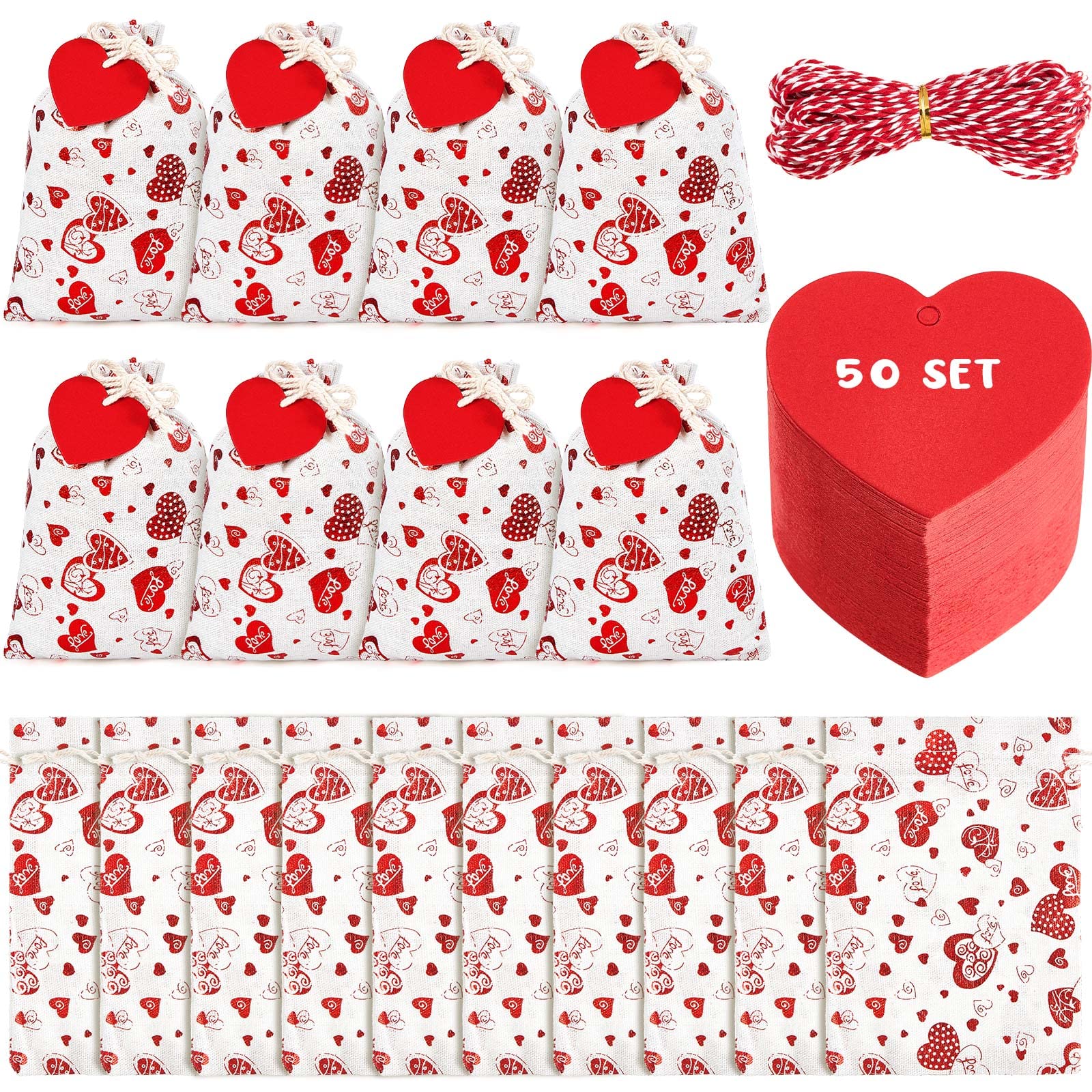 50 Pack Valentines Day Gift Bags Burlap Cotton Gift Bags 5'' x 7'' Heart Drawstring Gift Bags with Red Gift Tags Valentine Heart Shaped Paper Tags and 15m String for Wedding Party Christmas New Year