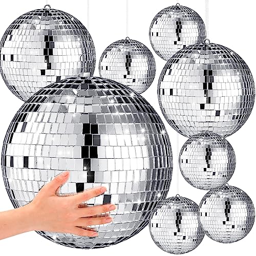 Haull 8 Pcs Large Disco Ball Set Silver Mirror Disco Reflective Ball with Hanging Ring Party Ornament Decoration for Stage Club Ballroom Dance Hall Wedding Prom Props(12'', 6'', 3'')