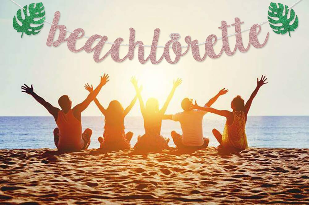 Rose Gold Glitter Beachlorette Banner Sign Garland Pre-Strung for Beach Bachelorette Party Hawaiian Luau Summer Tropical Bach Party Decorations