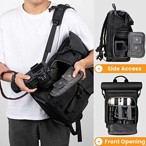 TARION Camera Backpack with Removable 16" Laptop Sleeve Canvas Camera Bag Photography Backpack for DSLR SLR Mirrorless Cameras Video Camcorder Includes Waterproof Raincover Black Rolltop DSLR Backpack