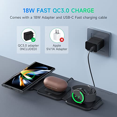 Wireless Charger for Samsung,RELAXYO Foldable 3 in 1 Fast Wireless Charging Pad Travel Station Compatible with Z Fold4/Flip/S23 Ultra/S22+/S21/S20/Note 20/10,Galaxy Watch 5 Pro/4/3/Active/LTE,Buds+
