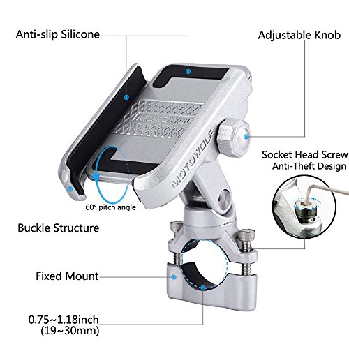 2022 vicelecus Motorcycle Phone Mount, Adjustable Anti Shake Metal Bike Phone Holder for iPhone 13 Plus Samsung Galaxy S21 S20 S10 GPS Silver