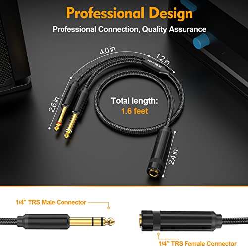 HOSONGIN 1/4 TRS Stereo Jack to Dual 1/4 TS Mono Y-Splitter Insert Cable, Nylon Braided Jacket Gold-Plated Plug Double Shielding Cable, 1 Feet