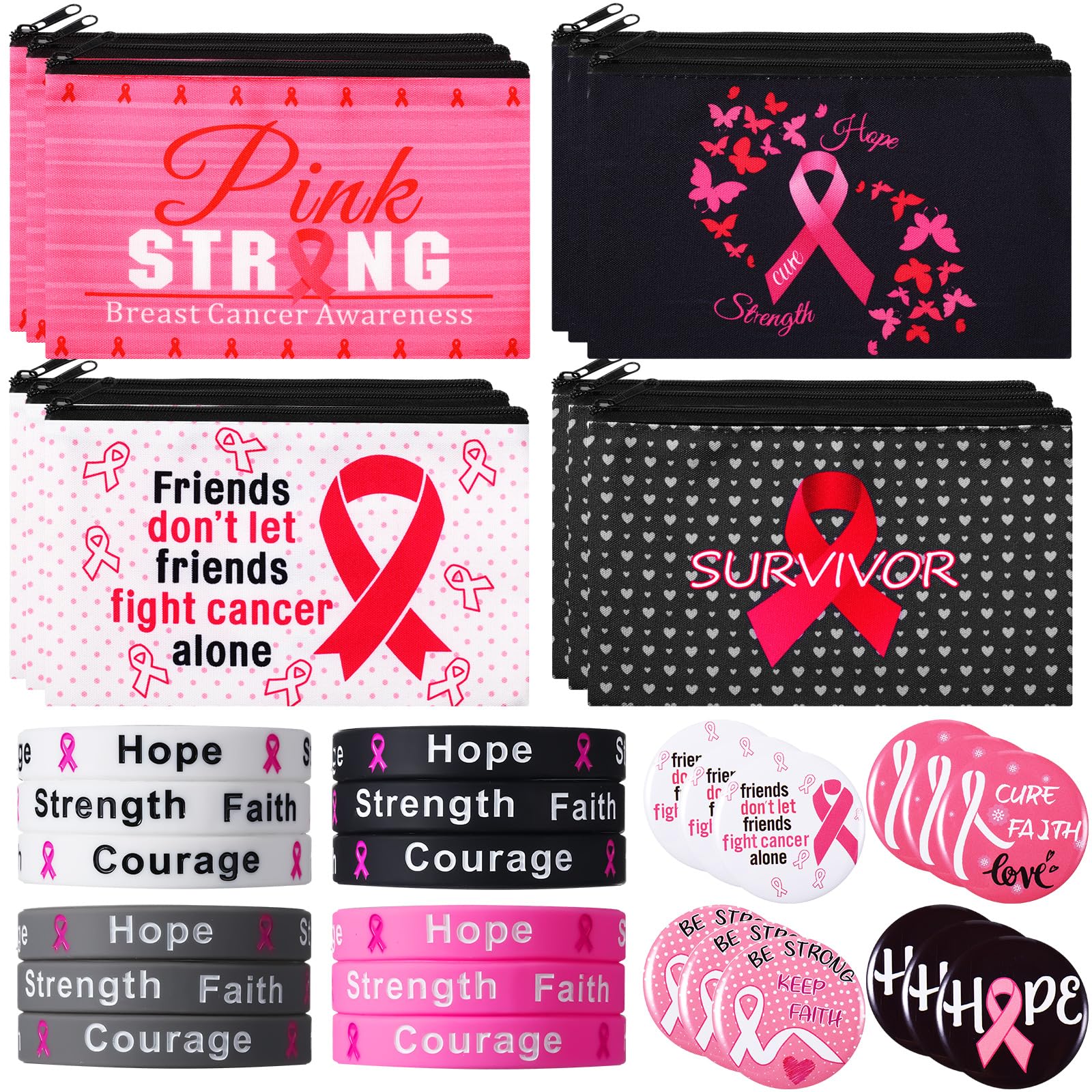 Tanlade 36 Pcs Breast Cancer Survivor Gifts for Women Girl Include Breast Cancer Awareness Makeup Bags Novelty Pink Ribbon Buttons Badge Hope Faith Strength Courage Inspiring Wristband for Party Favor