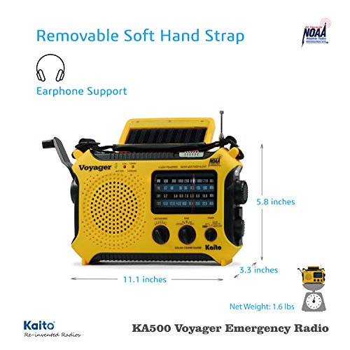 Kaito KA500 5-way Powered Solar Power,Dynamo Crank, Wind Up Emergency AM/FM/SW/NOAA Weather Alert Radio with Flashlight,Reading Lamp and Cellphone Charger, Yellow