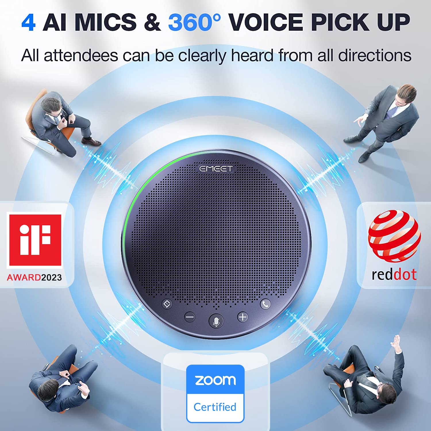 EMEET Bluetooth Speakerphone, M3 Zoom Certified Conference Speaker and Microphone w/4 AI Mics 360° Voice Pickup 18H Talk Time Noise Reduce, USB Speakerphone w/Daisy Chain for 20 People for Zoom Teams