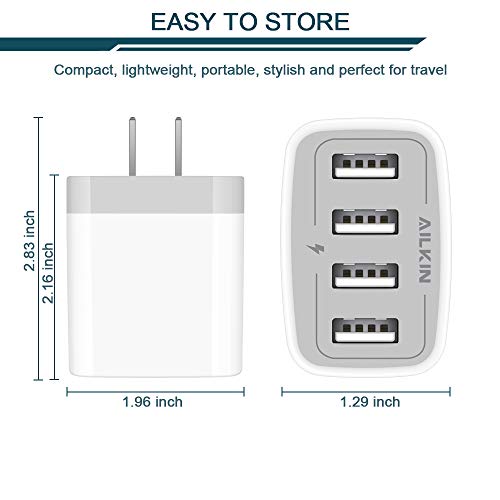 USB Charger Cube, Wall Charger Plug, AILKIN 4.8A 4-Muti Port USB Adapter Power Plug Charging Station Box Base Replacement for iPhone 14 13 12 11 Pro Max/X/8/7, iPad, Samsung Phones USB Charging Block