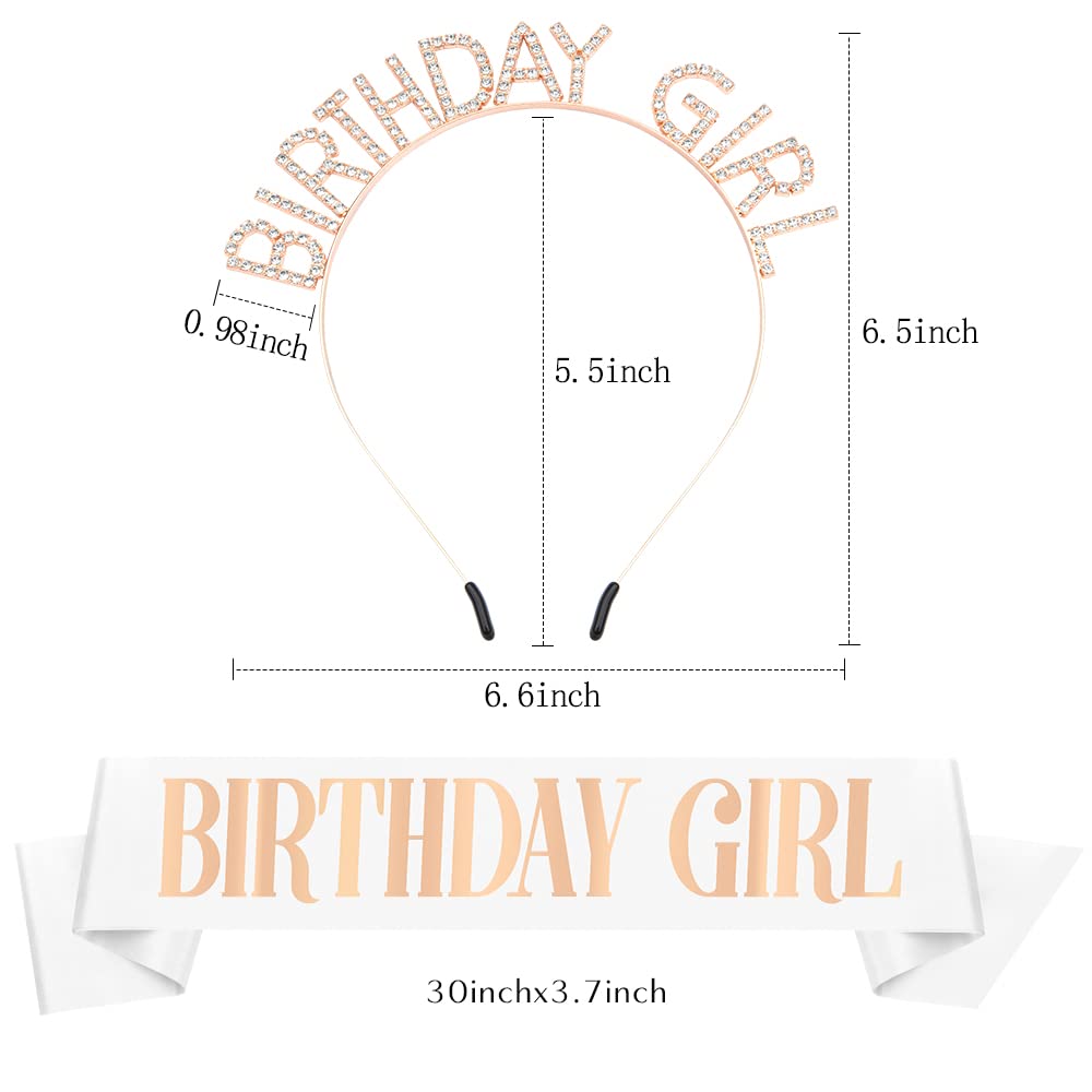 Rose Gold and White Sash with Rhinestone Tiara and Headband - Birthday Accessories for Women
