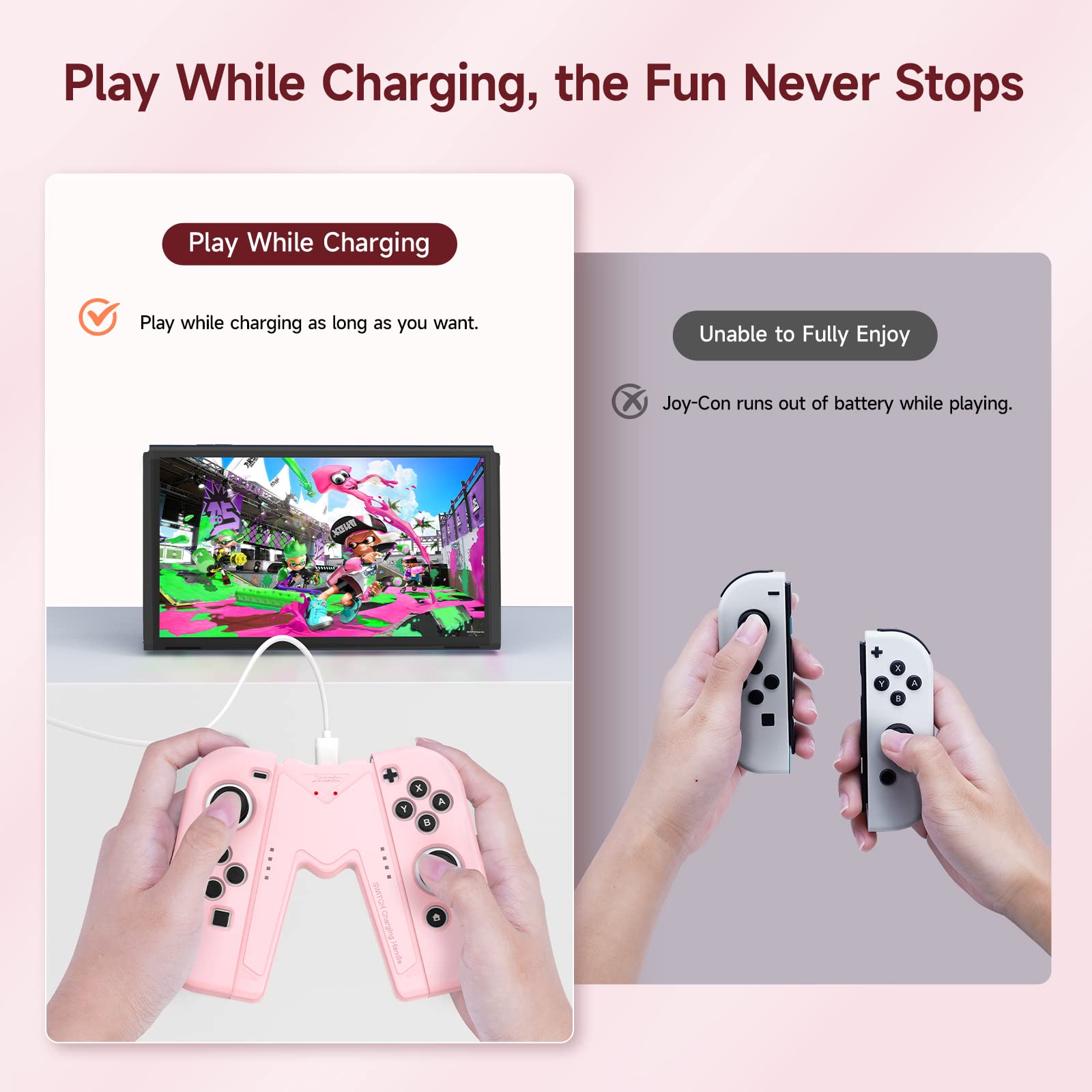 JINGDU Switch Joy-Con Charging Grip Compatible with Nintendo Switch & OLED Model, Play While Charging, Portable V-Shaped Switch Joy-Con Controller Charger with Indicators, Pink