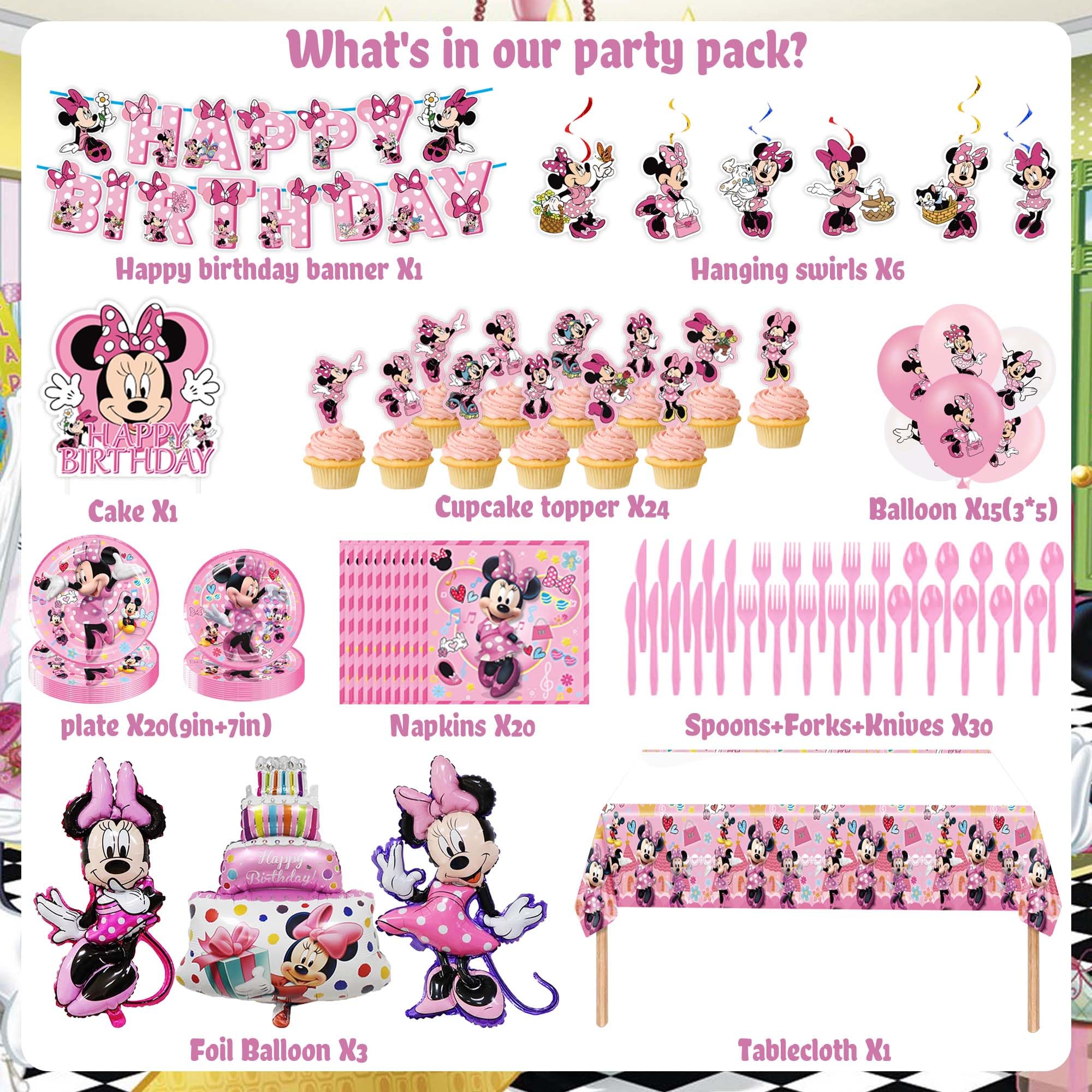 Pink Mouse Party Supplies, Pink Mouse Birthday Party Decorations Include Banner, Hanging Swirls, Cake Foil Balloons, Latex Balloons, Cake Toppers, Tableware, Tablecloth