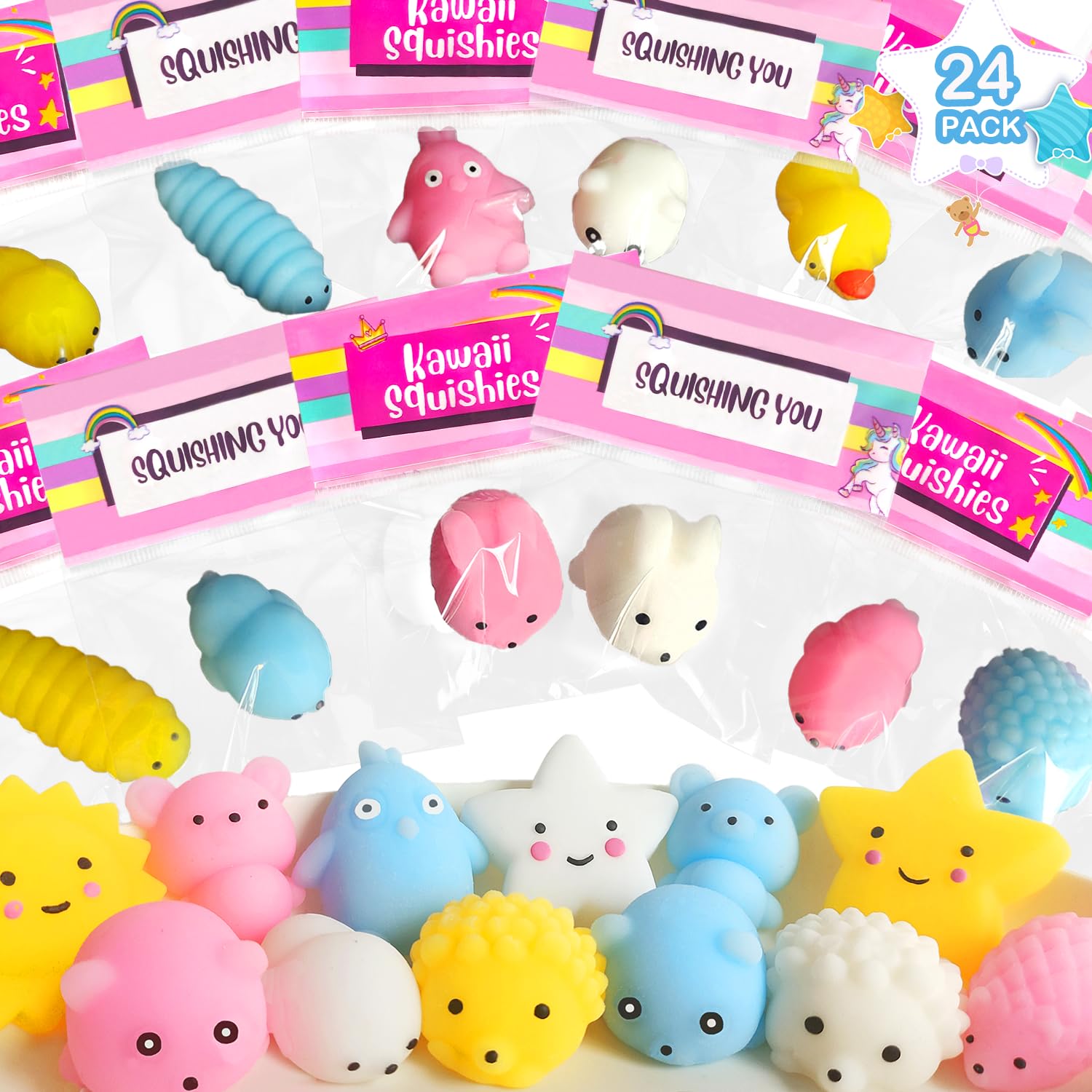 Kannove Mini Kawaii Mochi Squishy Party Favors Toys for Toddlers (24 Pack), Kids Goodie Bag Stuffers Fillers, Small Classroom Treats Prizes Gifts for Boys Girls
