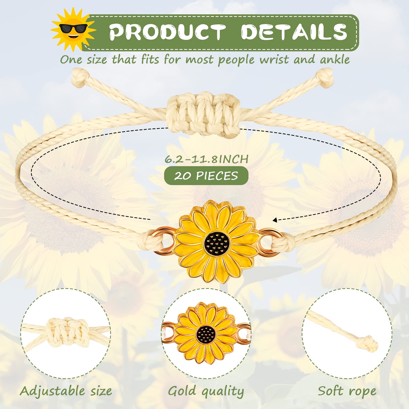 Sureio 20 Pcs Sunflower Bracelets Funny Gifts Adjustable Handmade Friendship Bracelet Bulk Boho Braided Rope String Bracelets for Women Couples Friend(White, Beige, Khaki)