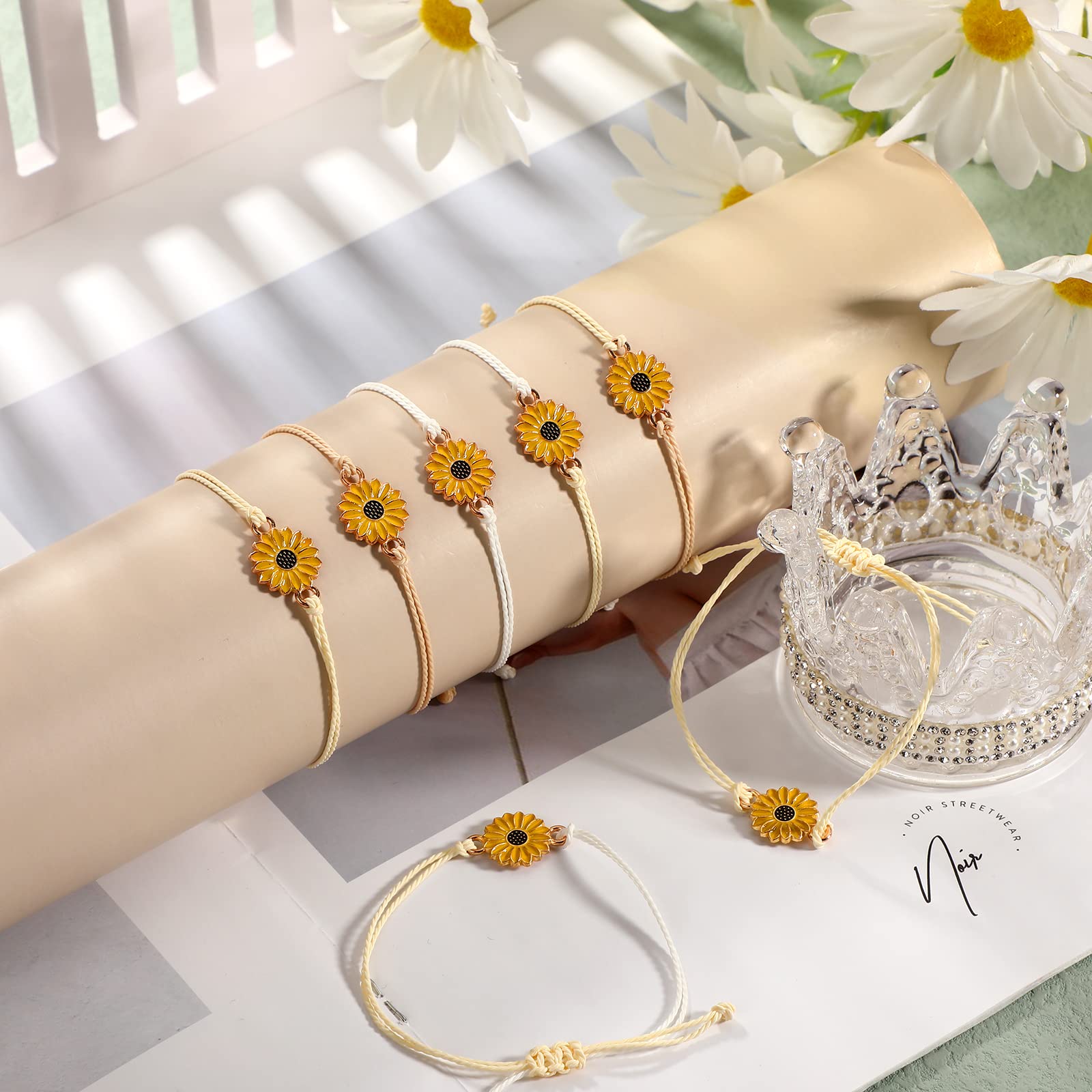 Sureio 20 Pcs Sunflower Bracelets Funny Gifts Adjustable Handmade Friendship Bracelet Bulk Boho Braided Rope String Bracelets for Women Couples Friend(White, Beige, Khaki)
