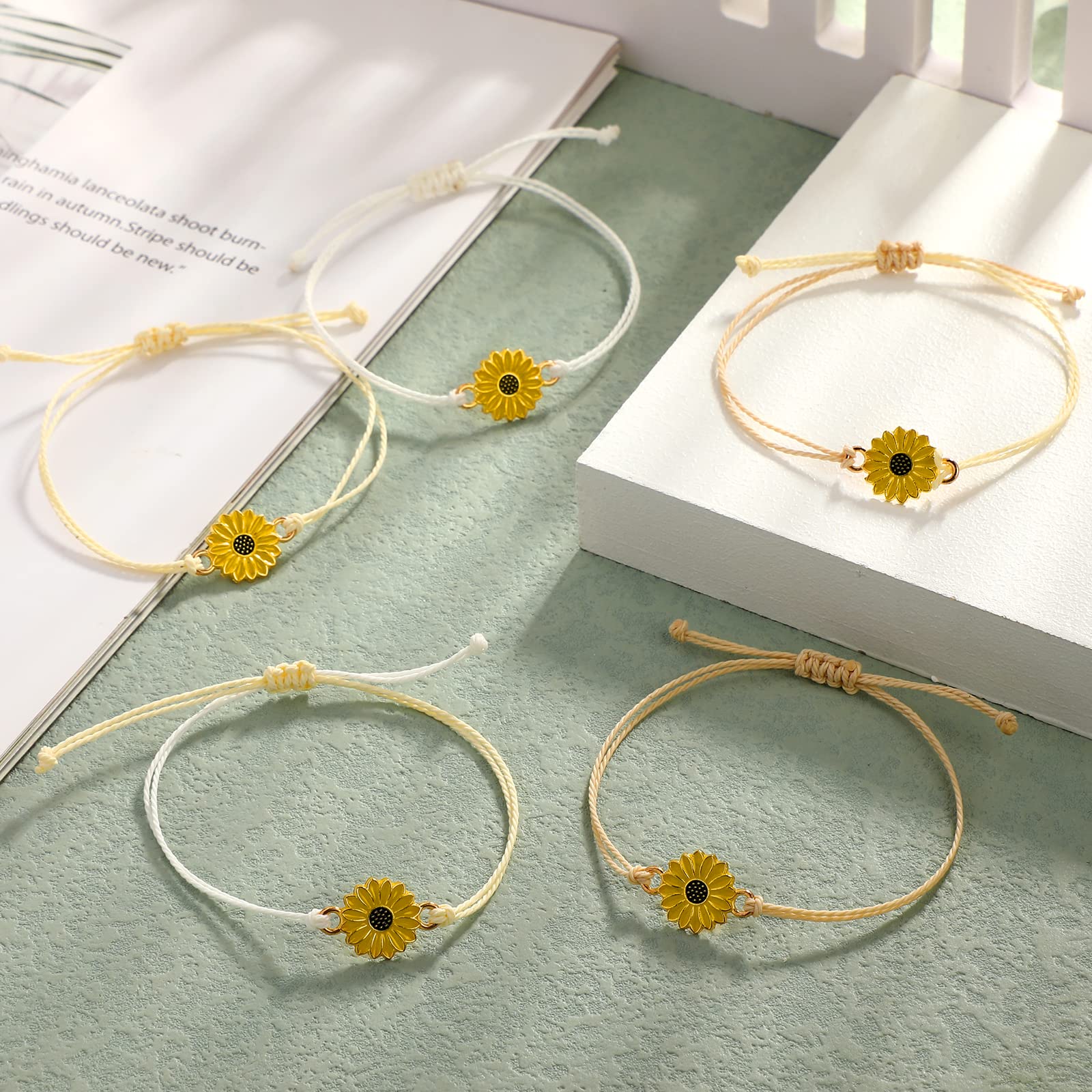 Sureio 20 Pcs Sunflower Bracelets Funny Gifts Adjustable Handmade Friendship Bracelet Bulk Boho Braided Rope String Bracelets for Women Couples Friend(White, Beige, Khaki)