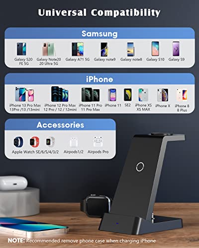 Wireless Charging Station,Wireless Charger Compatible with iPhone 14 Pro Max/13/12/11/X/8 Plus, 3 in 1 Fast Charging Stand Dock for Airpods 1/2/Pro, Apple Watch Series(with Adapter)