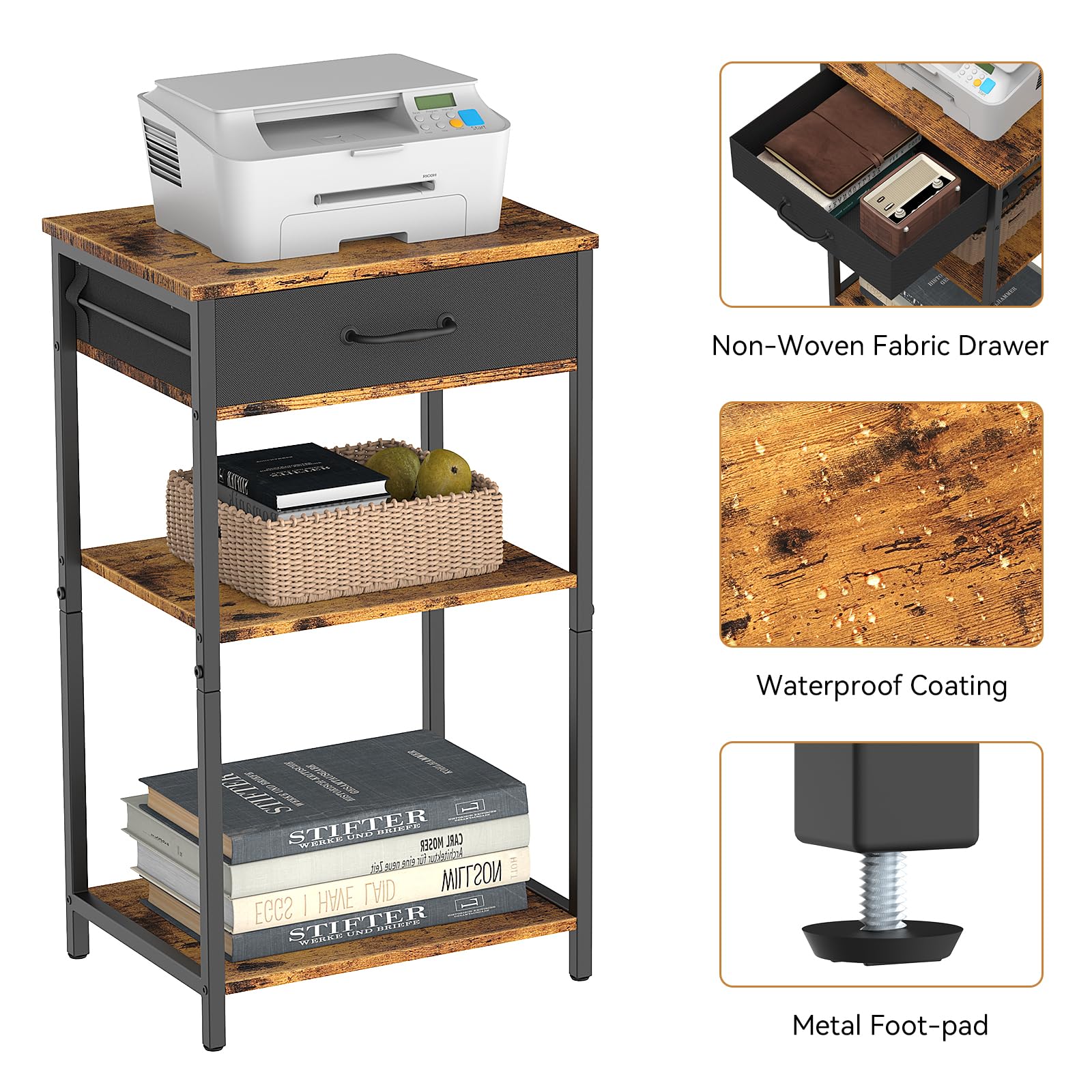 Industrial Printer Stand Rack 3 Tier Printer Table with Storage Printer Shelf with File Drawer Sofa Side Tables Nightstand for Bedroom Machine Stand Holder for Office and Home, Brown