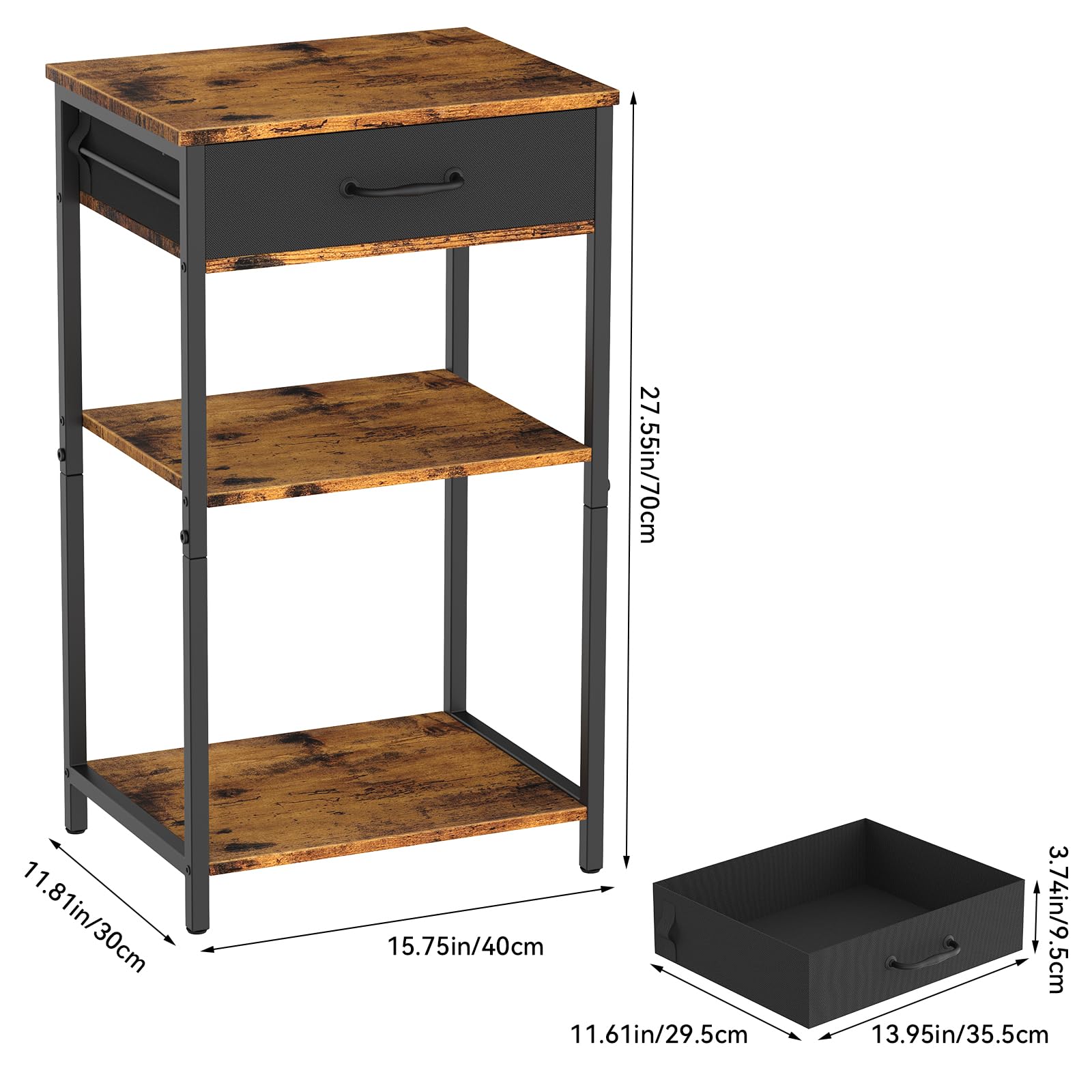 Industrial Printer Stand Rack 3 Tier Printer Table with Storage Printer Shelf with File Drawer Sofa Side Tables Nightstand for Bedroom Machine Stand Holder for Office and Home, Brown