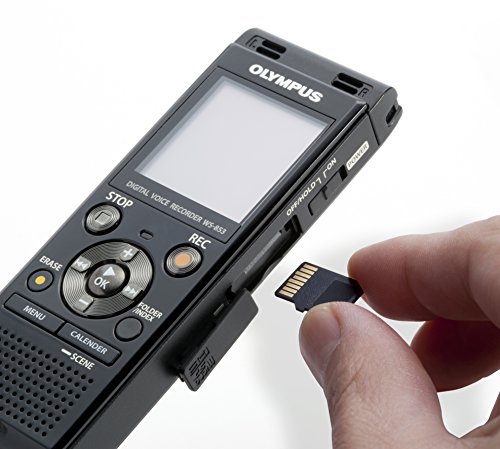 Olympus WS-853 black voice recorder with true stereo mic, 8GB, 110 hours battery life, voice balance, direct USB connection, with MP3 file format.