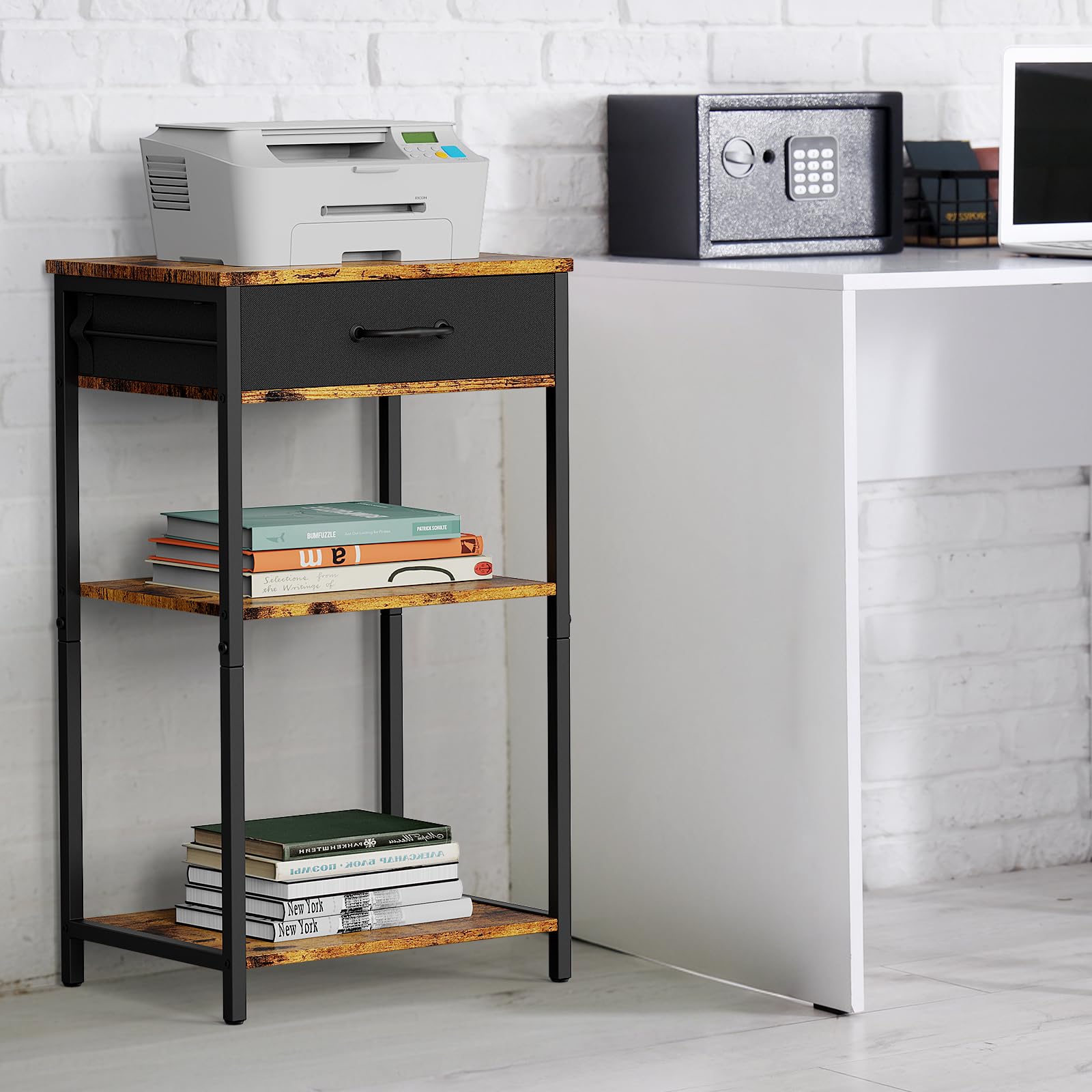 Industrial Printer Stand Rack 3 Tier Printer Table with Storage Printer Shelf with File Drawer Sofa Side Tables Nightstand for Bedroom Machine Stand Holder for Office and Home, Brown