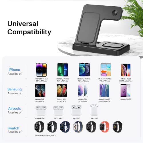 Wireless Charger, Charging Station 3 in 1, Fast Wireless Charger Stand for iPhone 14/13/12/11/Pro/Max/Plus/XS/XR/X/8, Apple Watch 8/7/6/5/4/3/2/SE & AirPods(Black)