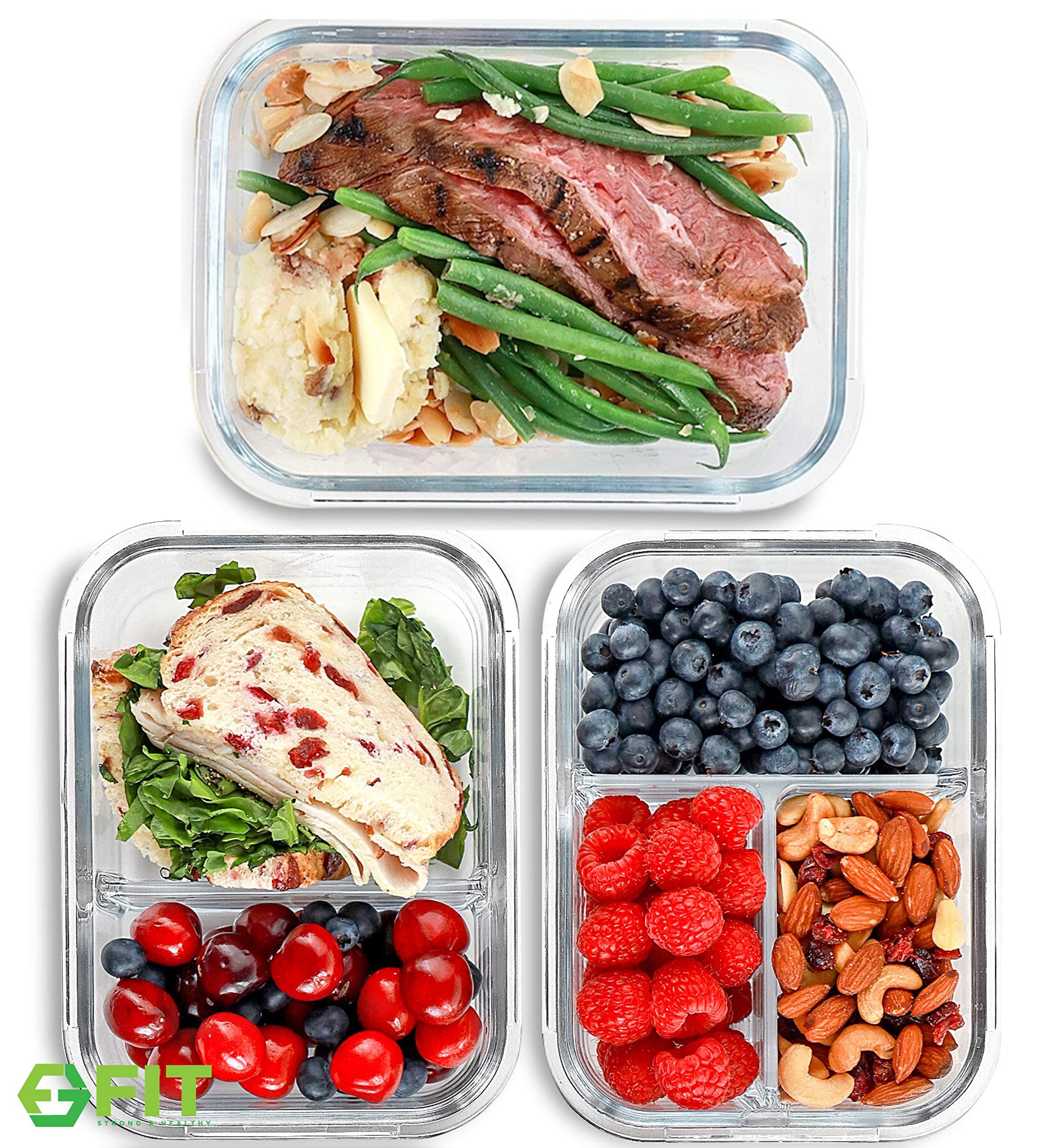 1 & 2 & 3 Compartment Glass Meal Prep Containers (3 Pack, 35 oz) - Glass Food Storage Containers with Lids, Glass Lunch Box, Glass Bento Box Lunch Containers, Portion Control, Airtight