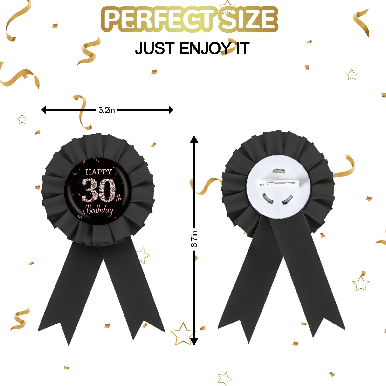 Black Happy 30th Birthday Tinplate Badge Pin, Black Rosette It's My 30th Birthday Button, Diamond 30th Birthday Award Badge Pin, Thirty Years Old Birthday Party Decorations