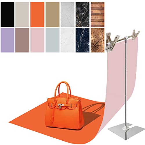 Exzycke 7PCS 14Patterns Photography Background Paper with Stand, 34x23in Double-Sided Photo Tabletop Backdrops Props for Food Jewelry Cosmetics Makeup (Black Purple Orange)