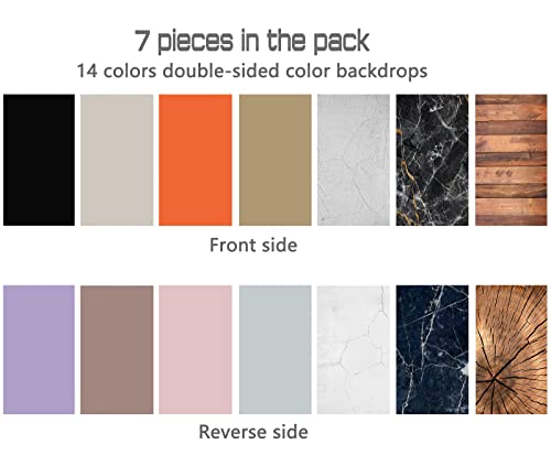 Exzycke 7PCS 14Patterns Photography Background Paper with Stand, 34x23in Double-Sided Photo Tabletop Backdrops Props for Food Jewelry Cosmetics Makeup (Black Purple Orange)